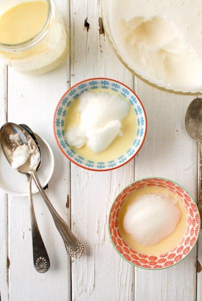 Lemony Snow Pudding with Rose Custard Sauce